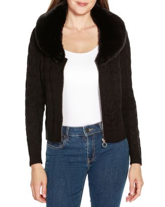 Belldini Faux Fur Collar Cable Knit Zip Cardigan | Bloomingdale's