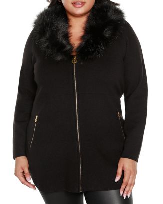 Belldini Plus Faux Fur Collar Zip Front Sweater | Bloomingdale's