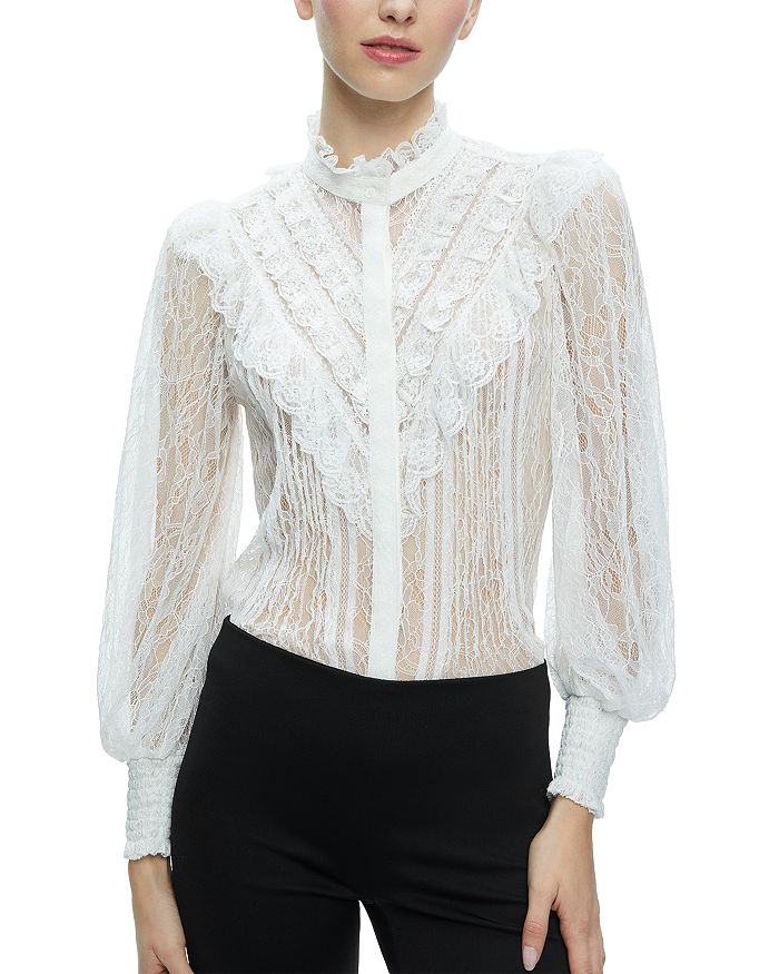 Alice and Olivia Lace Smocked Cuff Button Up Blouse | Bloomingdale's