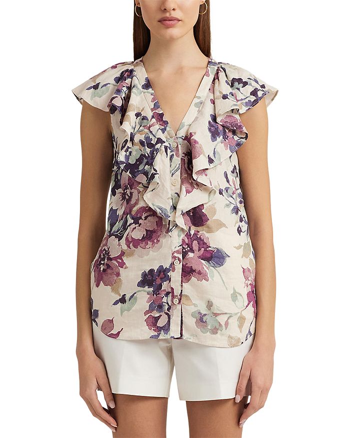 Ralph Lauren Printed Ruffled Linen Top | Bloomingdale's