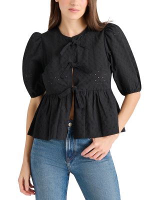 Steve Madden Womens Paula Eyelet Tie-Front Cotton Top - Black