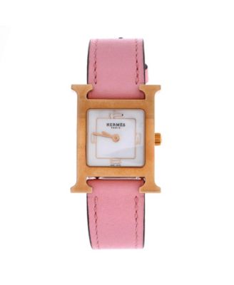 Pre-Owned HERMES Heure H Quartz Watch in Plated Metal and Leather with Mother of Pearl 25mm