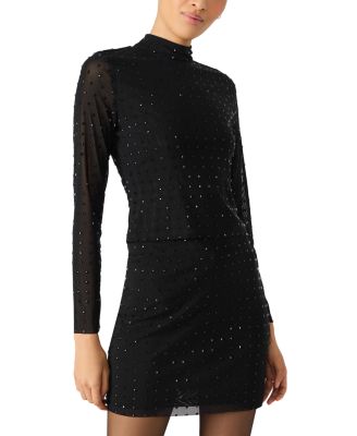 Steve Madden Womens Melvina Mock Neck Long Sleeve Top - Black Rhinestone