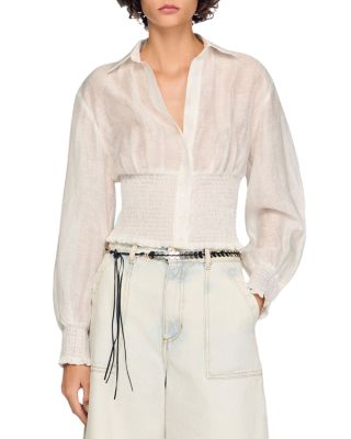 Click here for Sandro Judia Smocked Linen Blend Shirt prices