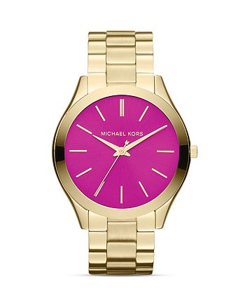 Michael Kors Gold-Tone & Pink Slim Runway Three-Hand Watch, 42mm ...