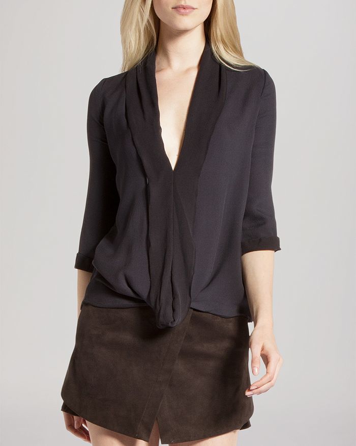 HALSTON HERITAGE HALSTON Top - Three Quarter Sleeve V-Neck Drape Front ...