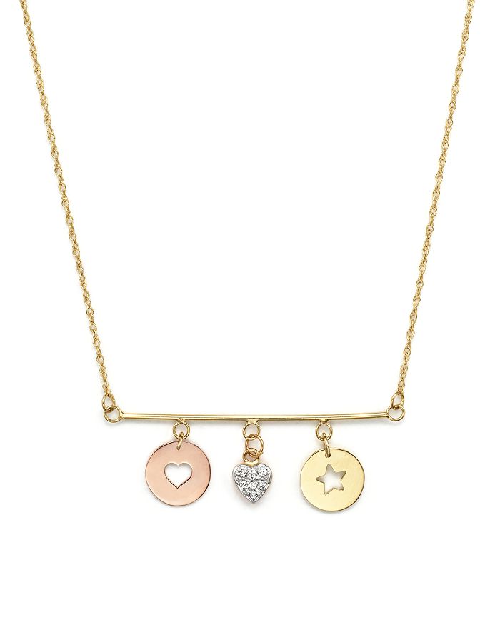 Jane Basch 14K Gold Charm Disc Bar Necklace with Diamond Heart Charm ...