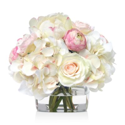 Diane James Home Rose & Hydrangea Faux Floral Arrangement in Glass Cube ...