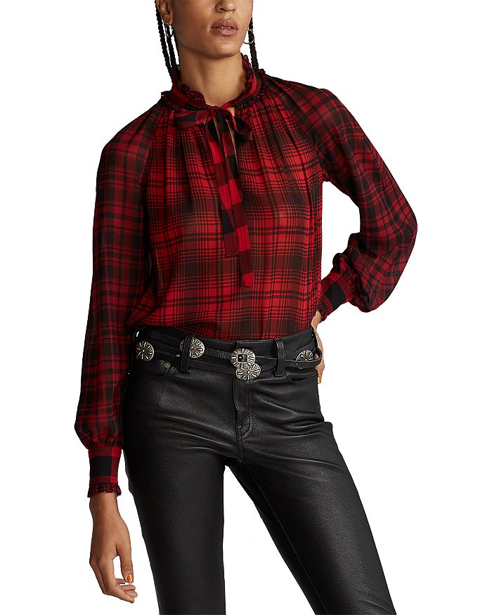 Ralph Lauren Plaid Tie-Neck Blouse | Bloomingdale's