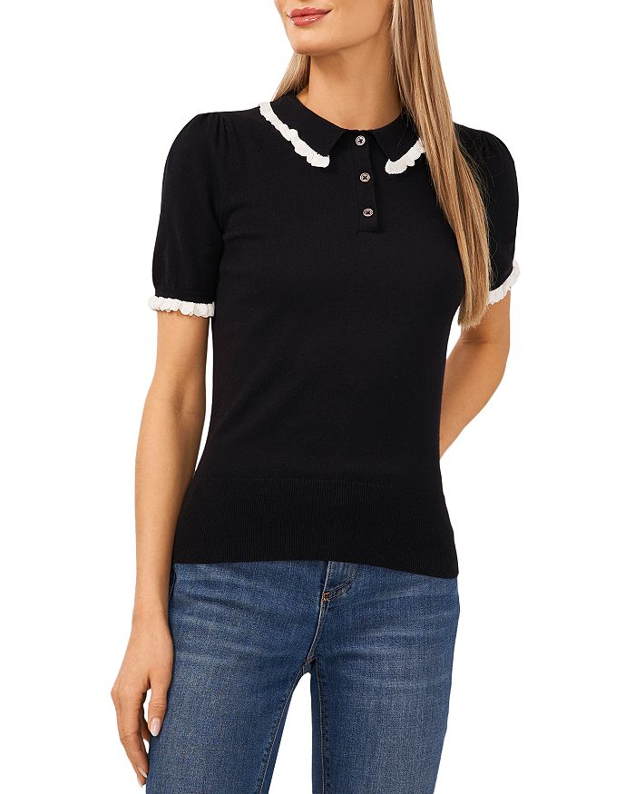 CeCe Contrast Ruffle Trim Polo Shirt | Bloomingdale's