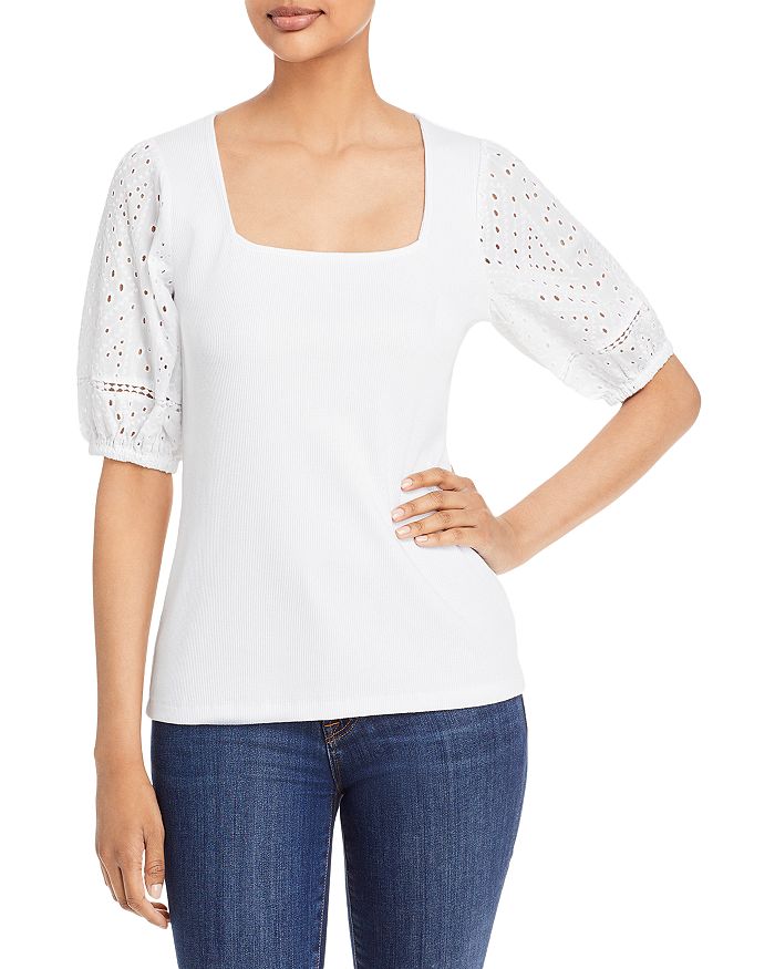 Single Thread Eyelet Puff Sleeve Ribbed Top | Bloomingdale's