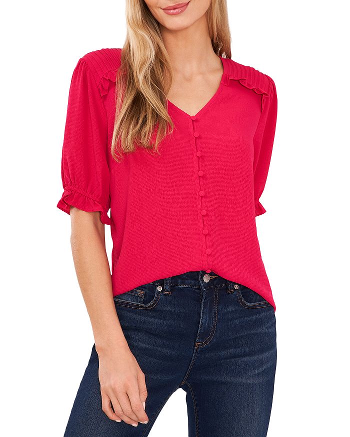 CeCe Pintuck Shoulder Button Front Top | Bloomingdale's