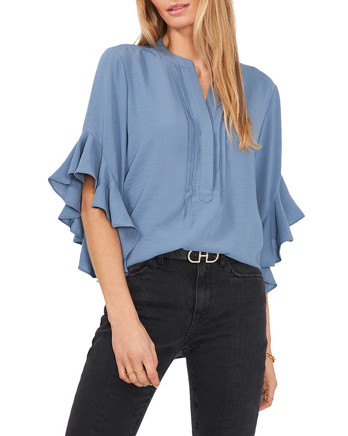 VINCE CAMUTO Ruffle Sleeve Split Neck Top | Bloomingdale's