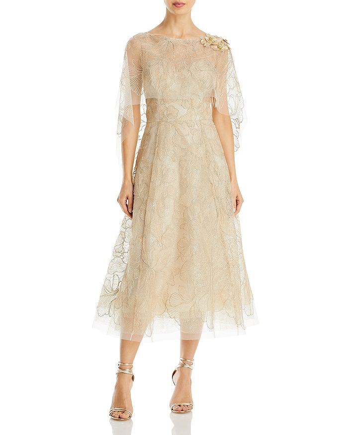 Teri Jon by Rickie Freeman Metallic Lace Capelet Dress | Bloomingdale's