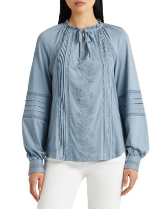 Ralph Lauren Tie Neck Embroidered Top | Bloomingdale's