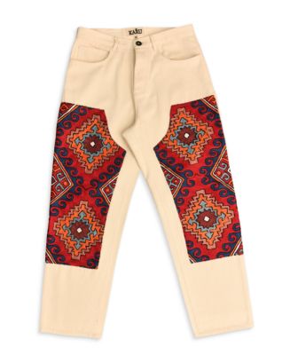 Karu Research Embroidered Knee Straight Leg Jeans in Ecru Red Black ...