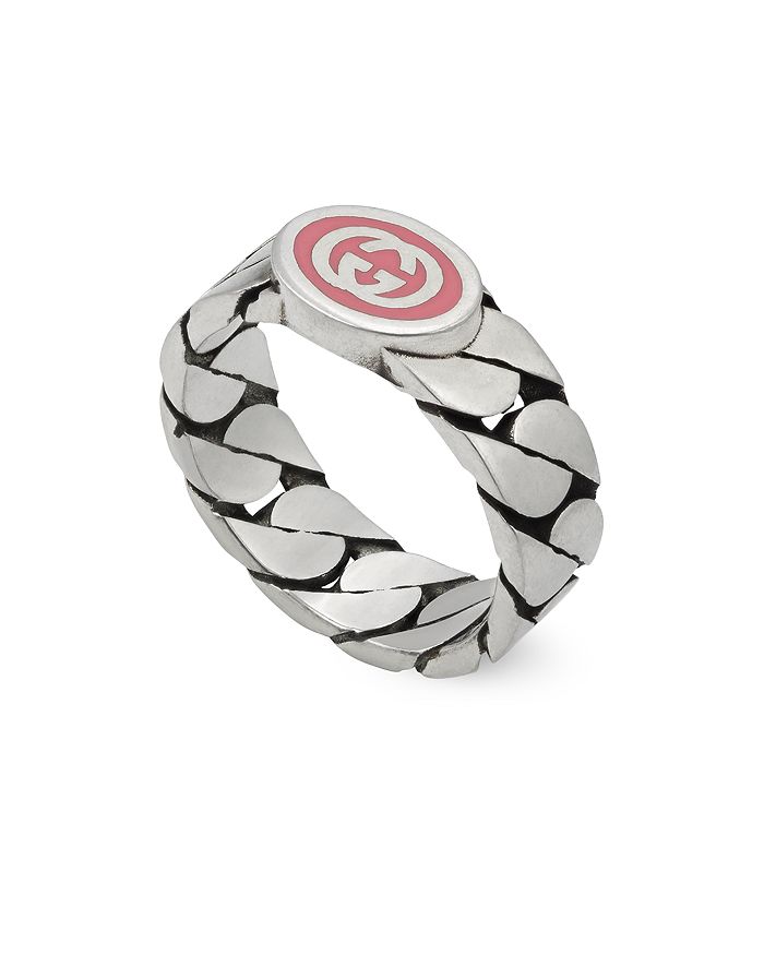 Gucci Sterling Silver Interlocked G Pink Enamel Logo Chain Link Ring ...