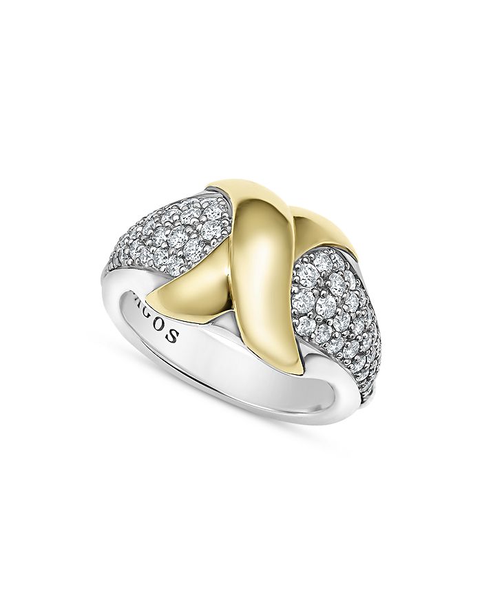 LAGOS 18K Yellow Gold & Sterling Silver Embrace Diamond Pavé X Ring ...