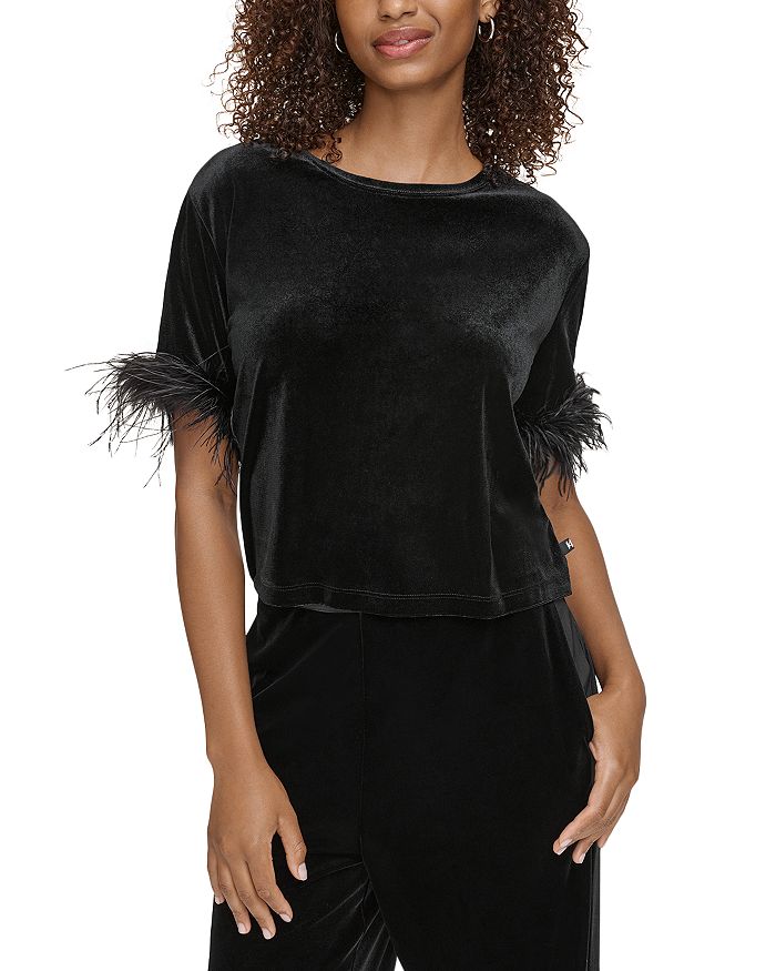 KARL LAGERFELD PARIS Feather Cuff Velvet Top | Bloomingdale's