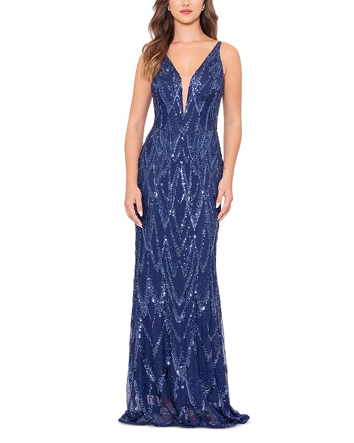 AQUA Plunge Neck Sequined Gown - Exclusive | Bloomingdale's