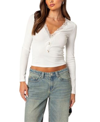 Edikted Madeline Lace Trim Ribbed Top | Bloomingdale's