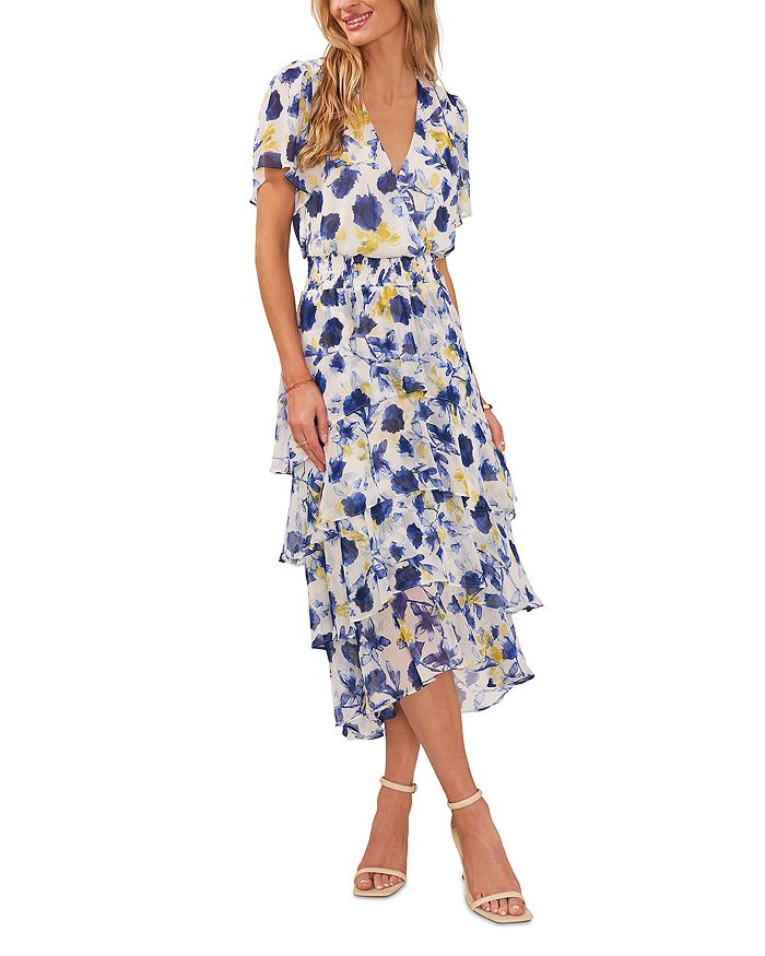 VINCE CAMUTO Floral Print Flutter Sleeve Tiered Ruffle Midi Dress | Bloomingdale's