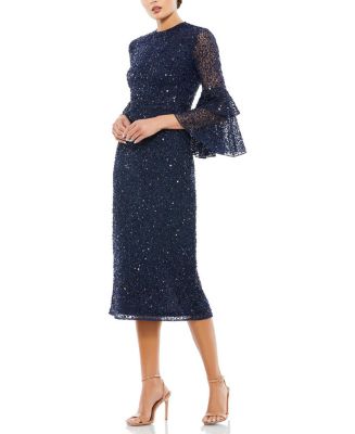 Mac Duggal Fully Sequined Ruffle Tiered 3/4 Sleeve Midi Dress ...