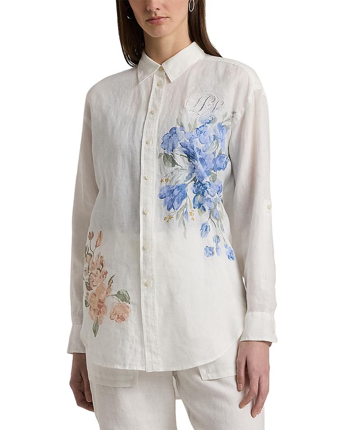 Ralph Lauren Oversize Floral Eyelet Logo Linen Shirt | Bloomingdale's