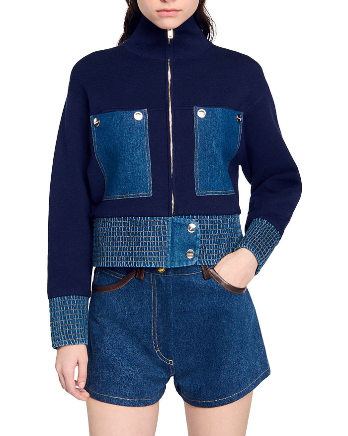 Sandro Vancouver Denim Trim Knit Jacket | Bloomingdale's