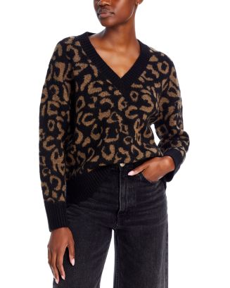 AQUA Leopard Print V Neck Sweater - Exclusive | Bloomingdale's