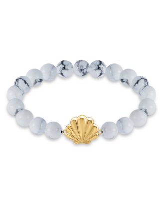 AQUA Clam Shell Charm Gemstone Beaded Stretch Bracelet in 18K Gold ...