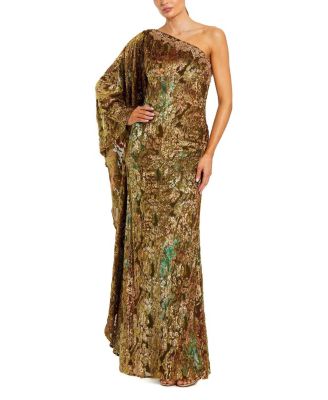 Click here for Mac Duggal One Shoulder Metallic Burnout Velvet Ev... prices