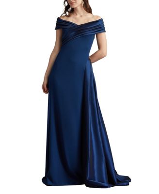 Click here for Tadashi Shoji Elysian Draped Overlay Train Gown prices