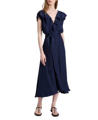 Click here for Santorelli Mandy Ruffled Faux Wrap Silk Midi Dress prices