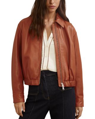 Click here for Reiss Lottie Cropped Leather Bomber Jacket prices