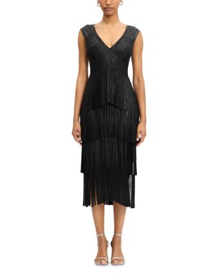 Click here for Herve Leger V Neck Foil Fringe Midi Dress prices