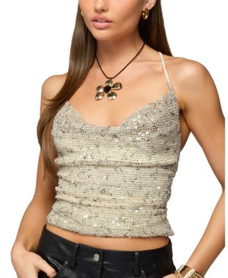 Click here for Edikted Sequin Crisscross Backless Cowl Neck Top prices