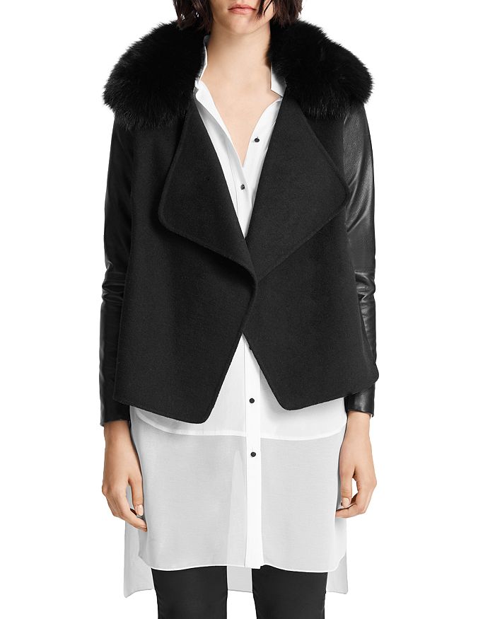 HALSTON Open Front Jacket with Fur Collar | Bloomingdale's