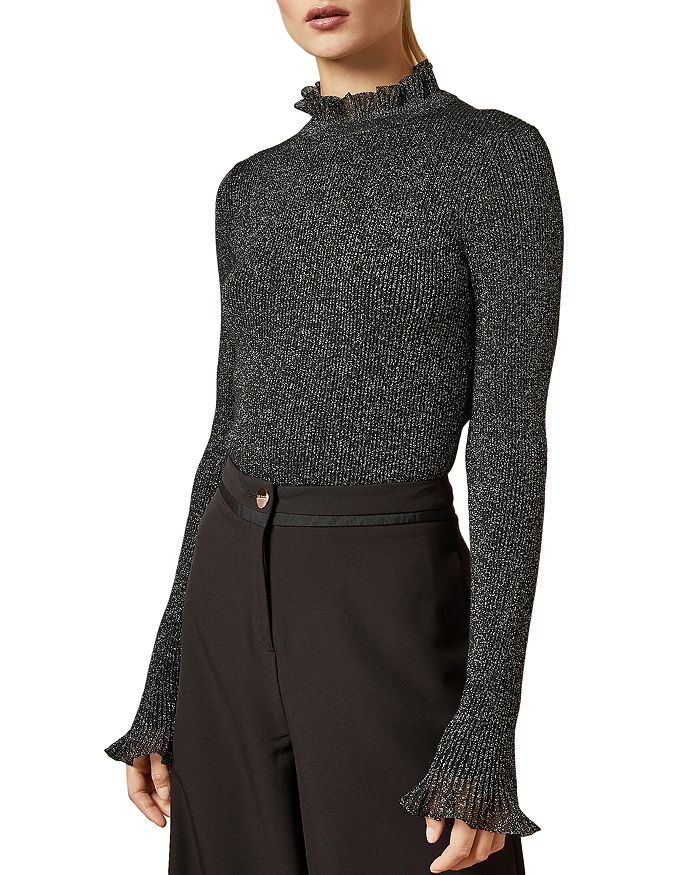 Ted Baker Milnia Frilled Metallic Turtleneck Sweater In Black | ModeSens