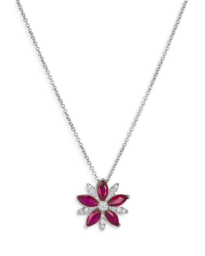 Bloomingdale's Ruby & Diamond Flower Pendant Necklace in 14K White Gold ...