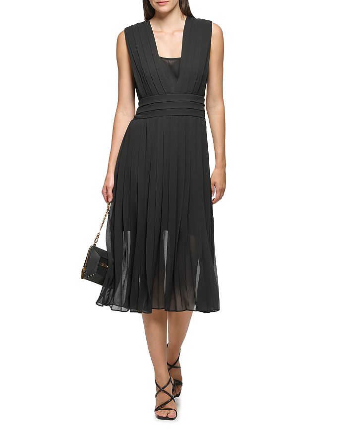 KARL LAGERFELD PARIS Pleated Chiffon Midi Dress | Bloomingdale's