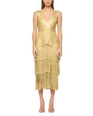 Click here for Herve Leger Foiled Bandage Fringe Midi Dress prices