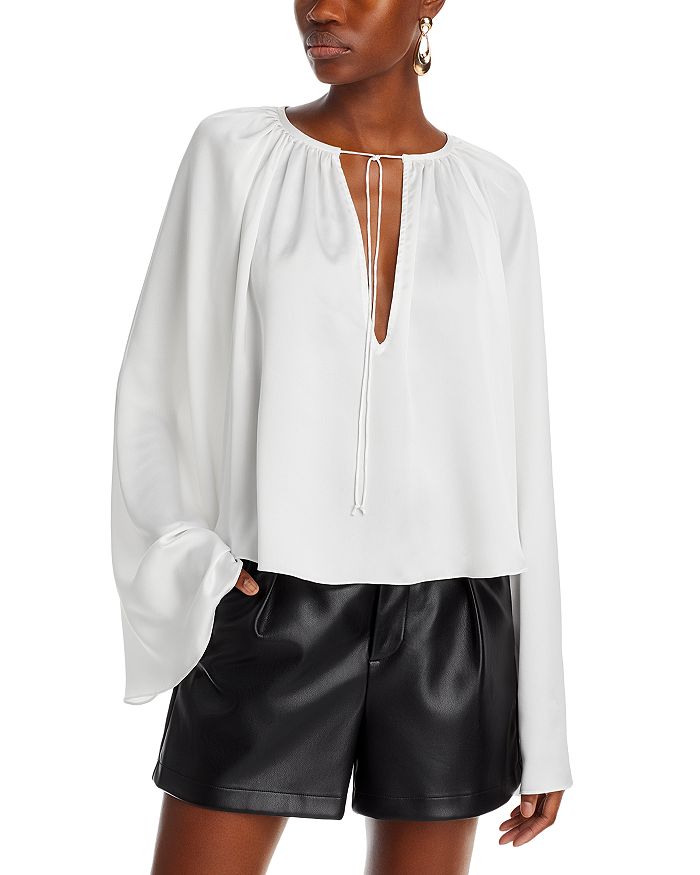 FRAME Shirred Split Neck Blouse | Bloomingdale's