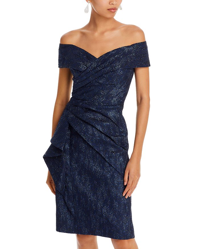 Teri Jon by Rickie Freeman Off-the-Shoulder Metallic Jacquard Dress | Bloomingdale's