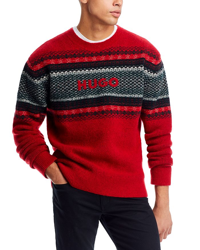HUGO Soslo Patterned Long Sleeve Crewneck Logo Sweater | Bloomingdale's