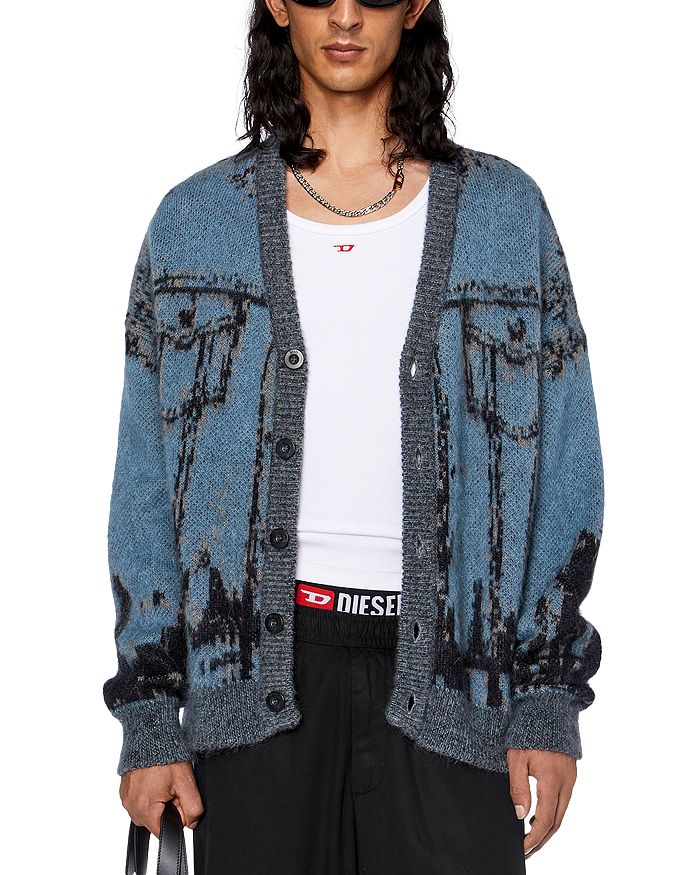 Diesel K-Petalo Tromp L'oeil Jacquard Loose Fit V Neck Cardigan ...