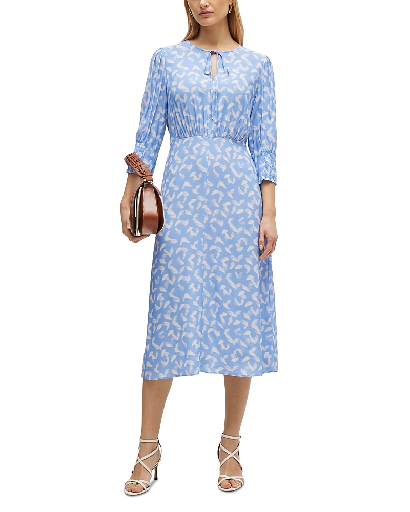 Click here for Boss Feather Print Smocked Cuff Tea Dress prices