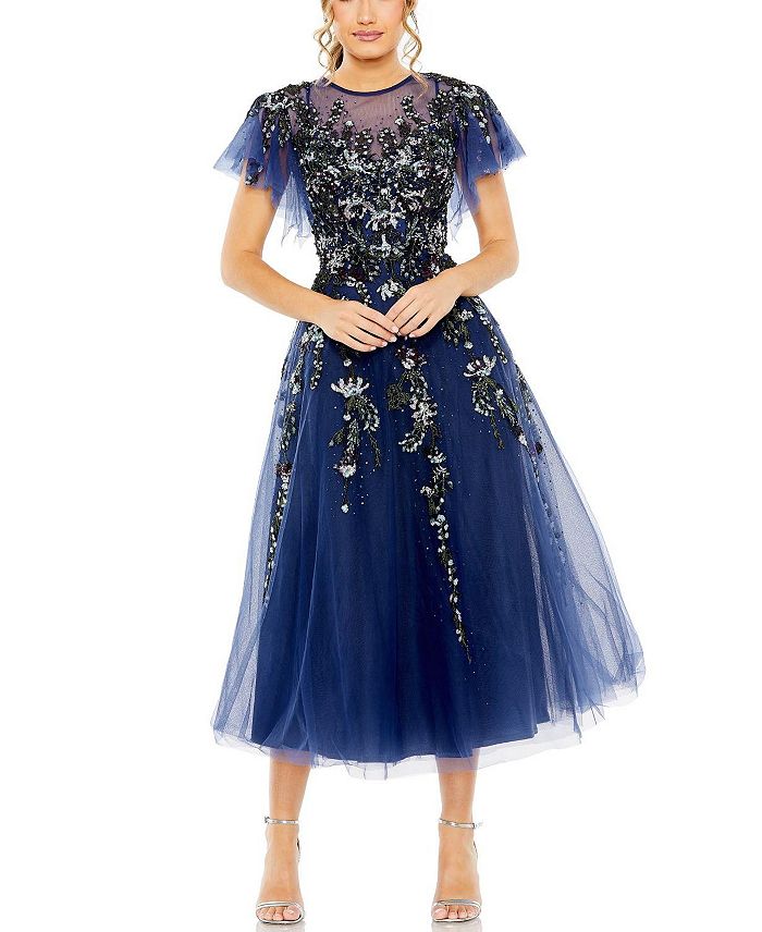 Mac Duggal Flutter Sleeve High Neck Embellished Floral Dress