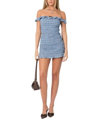 Edikted Off Shoulder Scrunched Plaid Mini Dress | Bloomingdale's