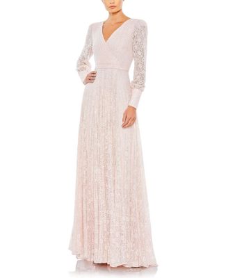 Click here for Mac Duggal Beaded Lace Long Sleeve Wrap Over Gown prices